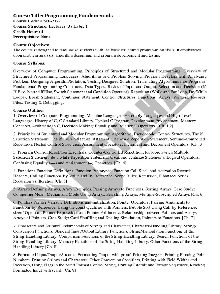 Course Title: Programming Fundamentals | PDF | Pointer (Computer ...
