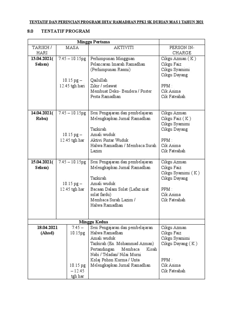 Tentatif Dan Perincian Program Ihya' Ramadhan 2021 | PDF