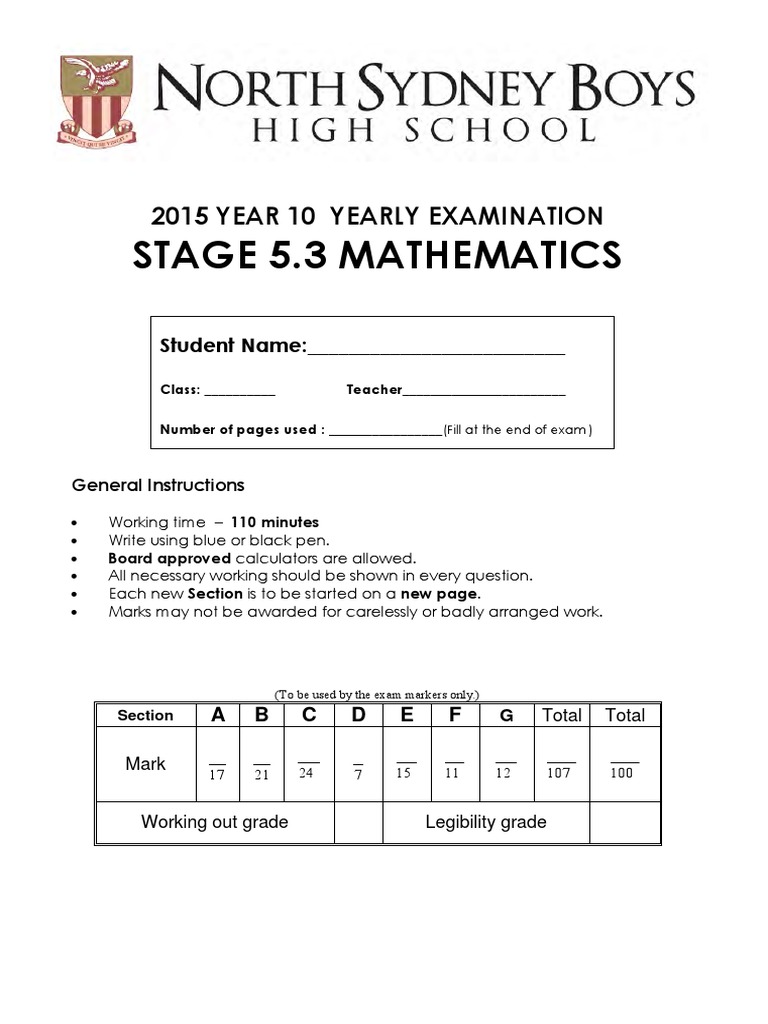 Year 10 Math Exam 2015 | PDF | Area | Algebra