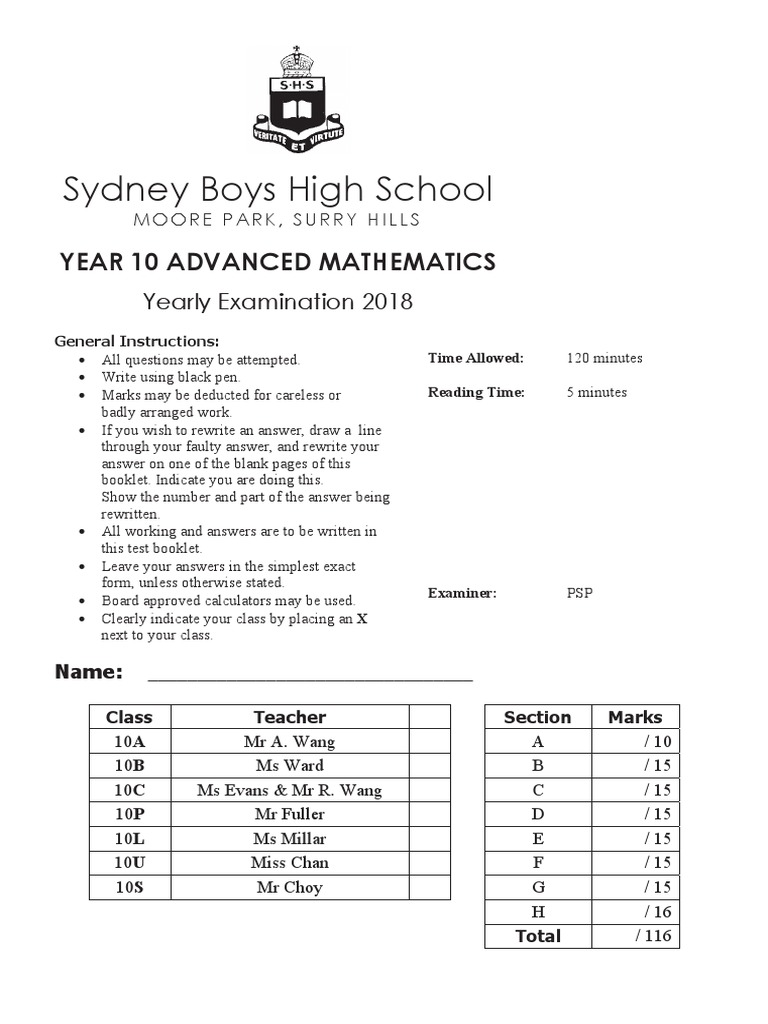 Sydney Boys 2018 Year 10 Maths Yearly & Solutions | PDF | Area | Angle