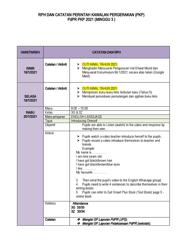 RPH Dan Catatan Perintah Kawalan Pergerakan (PKP) PDPR PKP 2021 (Minggu 3) | PDF