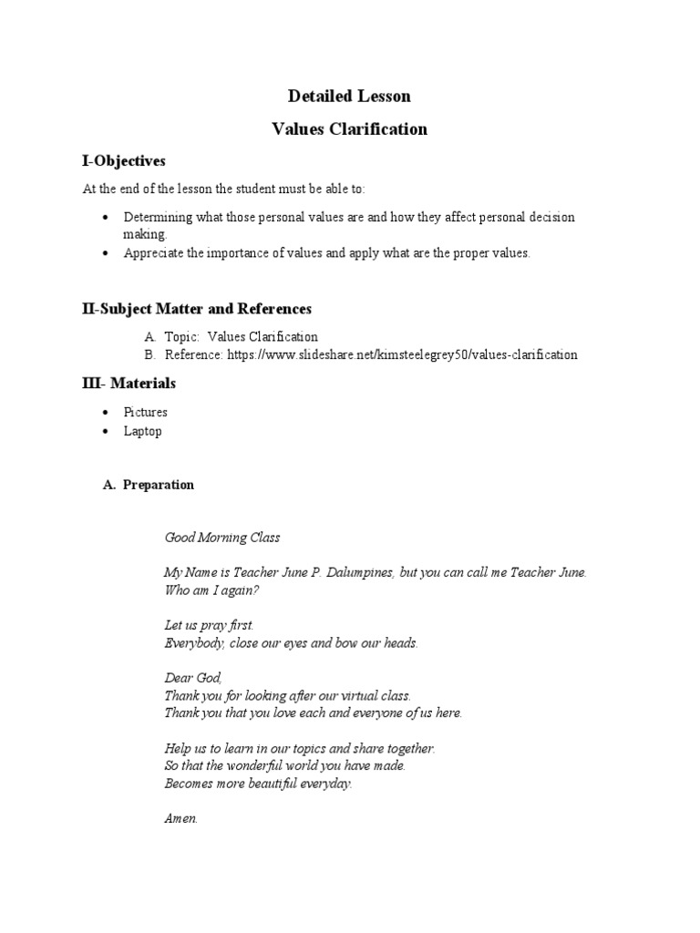 Detailed Lesson Values Clarification: I-Objectives | PDF | Value ...