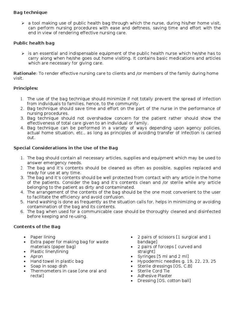 Bag Technique | PDF | Hand Washing | Nursing