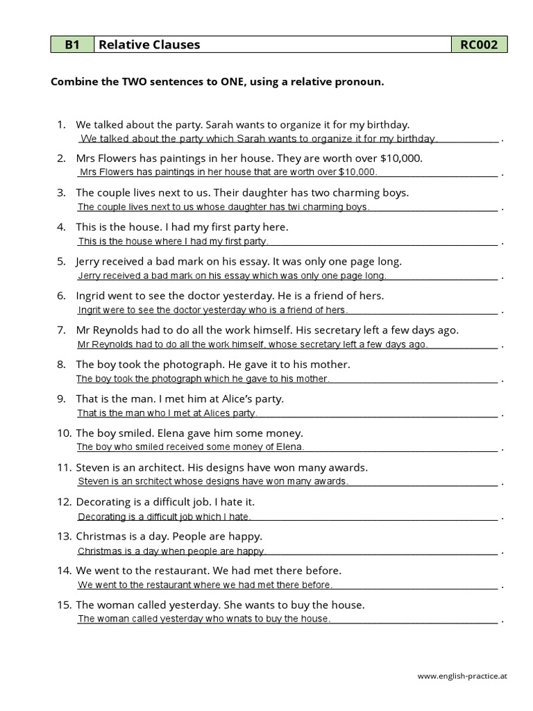 B1 Relative Clauses RC002: Combine The TWO Sentences To ONE, Using A ...