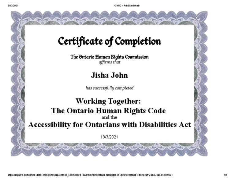 Ohrc - Print Certificate | PDF