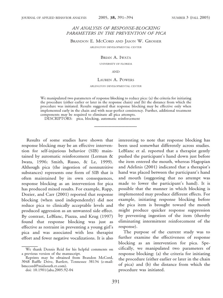 Response Blocking For Pica | PDF | Reinforcement | Psychotherapy