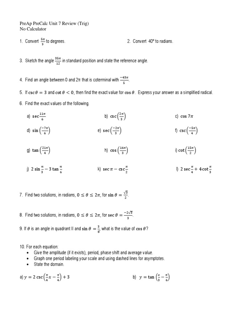 Trig Unit Review 20-21 | Download Free PDF | Trigonometric Functions ...
