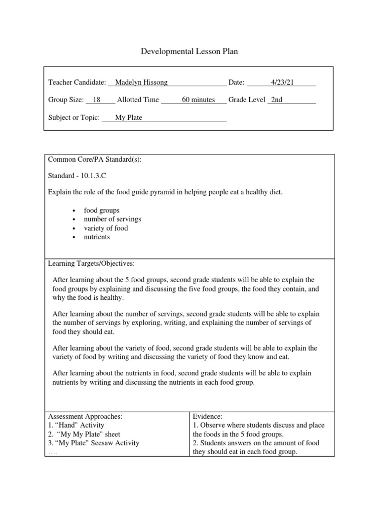 My Plate Lesson Plan | PDF | Vegetables | Nutrients