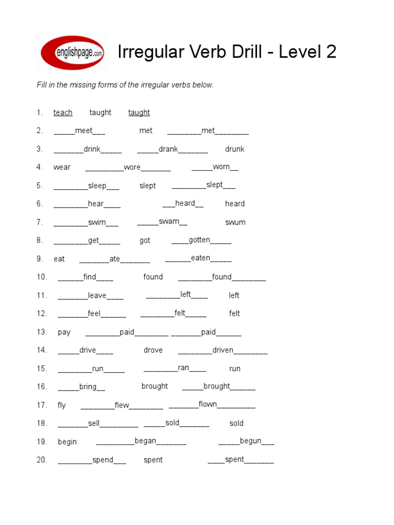 Irregular Verbs Drill 2 | PDF