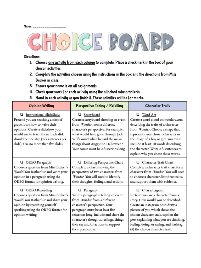 Ela Choice Board - GR | PDF