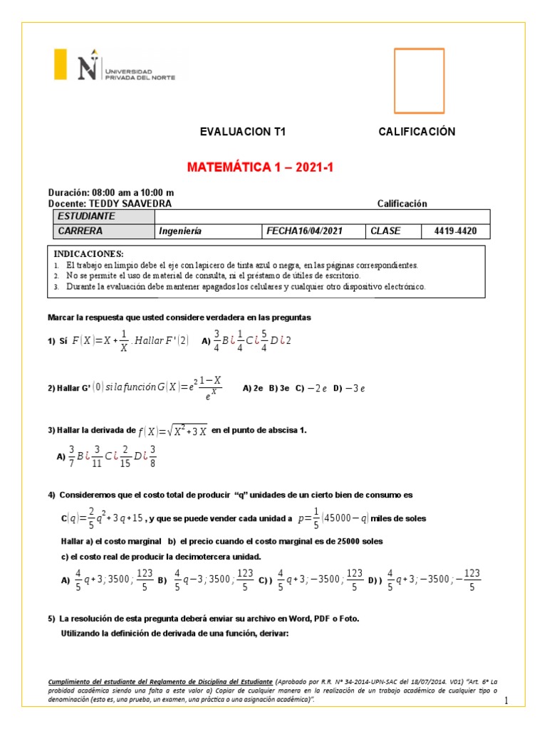 Matemática 1 Evaluaación t1 Clase 4419 | PDF | Science | Ciencia y Tecnología