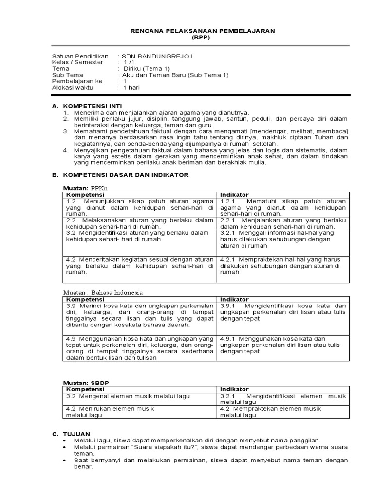 Tugas PKM RPP Kelas 1 Tema 1 Sub 1 PB 1 | PDF