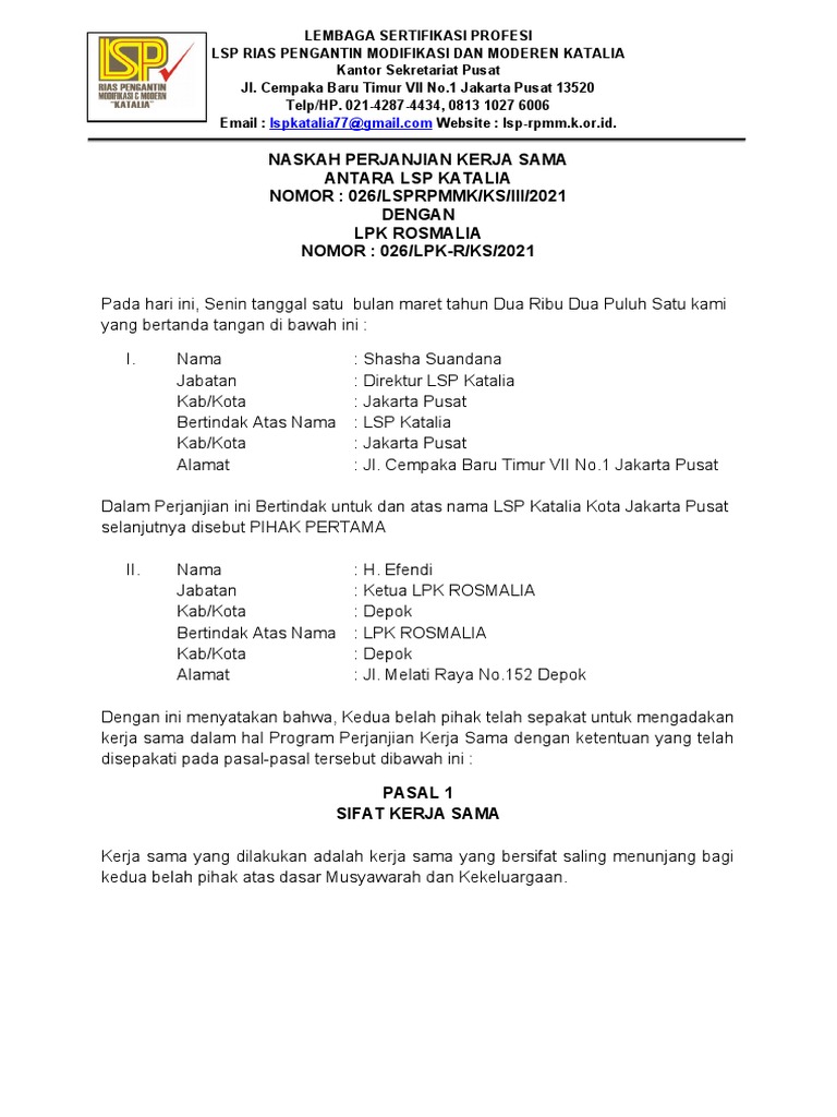MOU LSP Dengan LPK ROSMALIA | PDF
