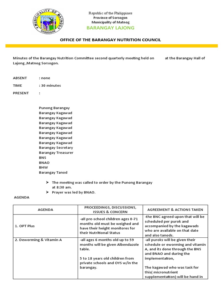 Barangay Lajong: Office of The Barangay Nutrition Council | PDF ...