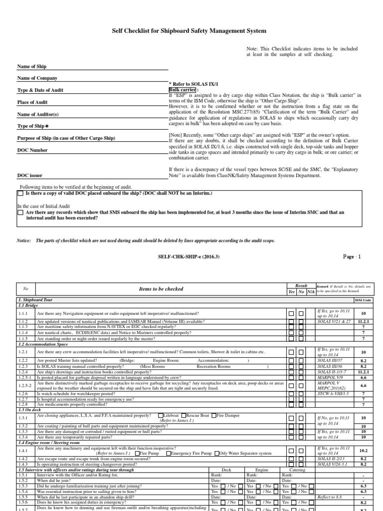 Self Checklist For Shipboard Safety Management System | PDF | Oil ...