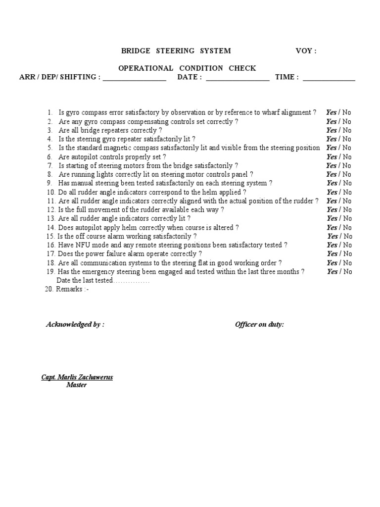 Bridge Steering System Check List | PDF | Compass | Rudder
