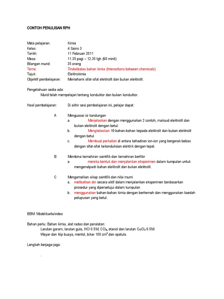Contoh RPH Kimia | PDF | Metode & Bahan Ajar | Sains & Matematika