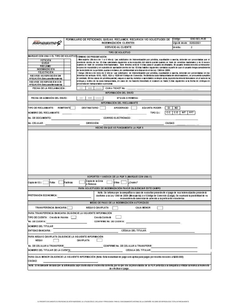 Formato PQR | PDF | Transferencia bancaria | Bancos