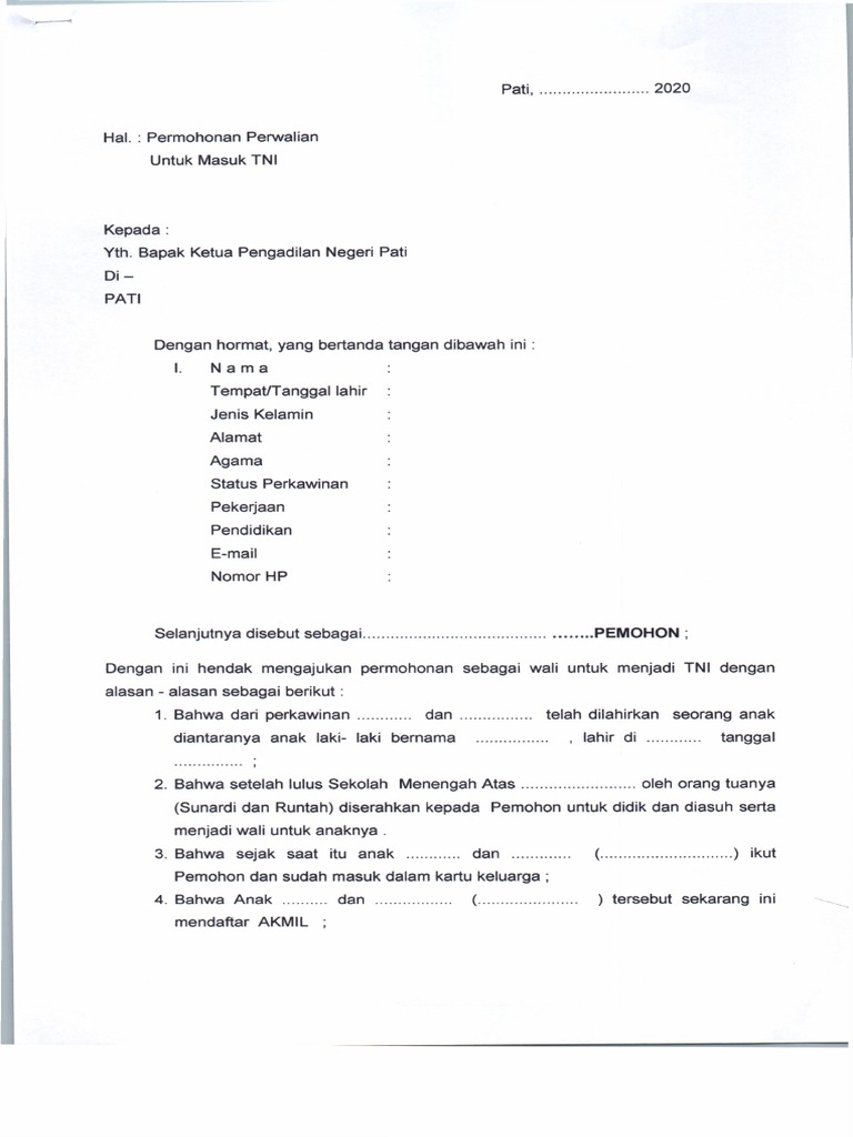 Form Permohonan Perwalian Untuk Masuk TNI | PDF