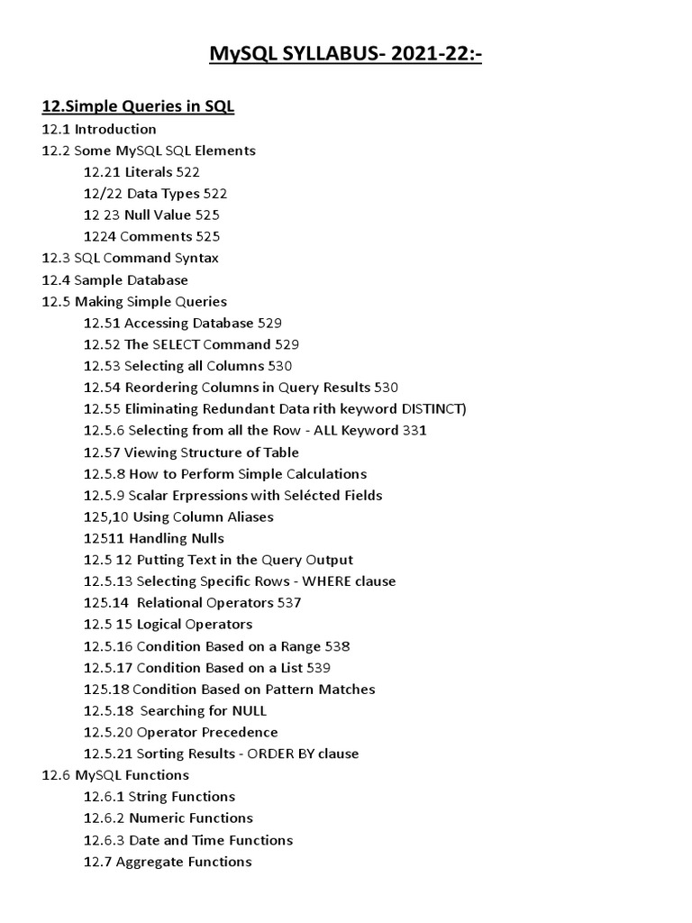 MySQL Syllabus 2021 22 | Download Free PDF | Sql | Databases MySQL Syllabus 2021 22 | Download Free PDF | Sql | Databases