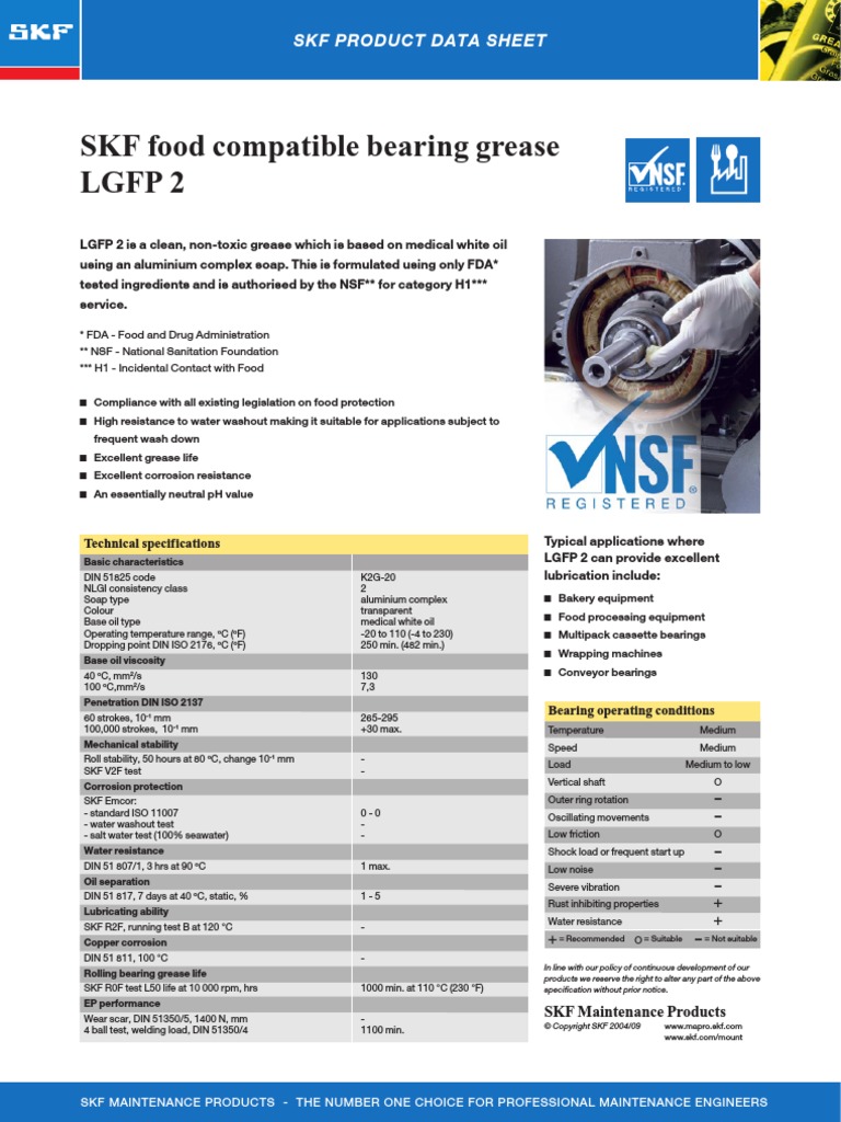 SKF Food Compatible Bearing Grease LGFP 2: SKF Product Data Sheet | PDF ...