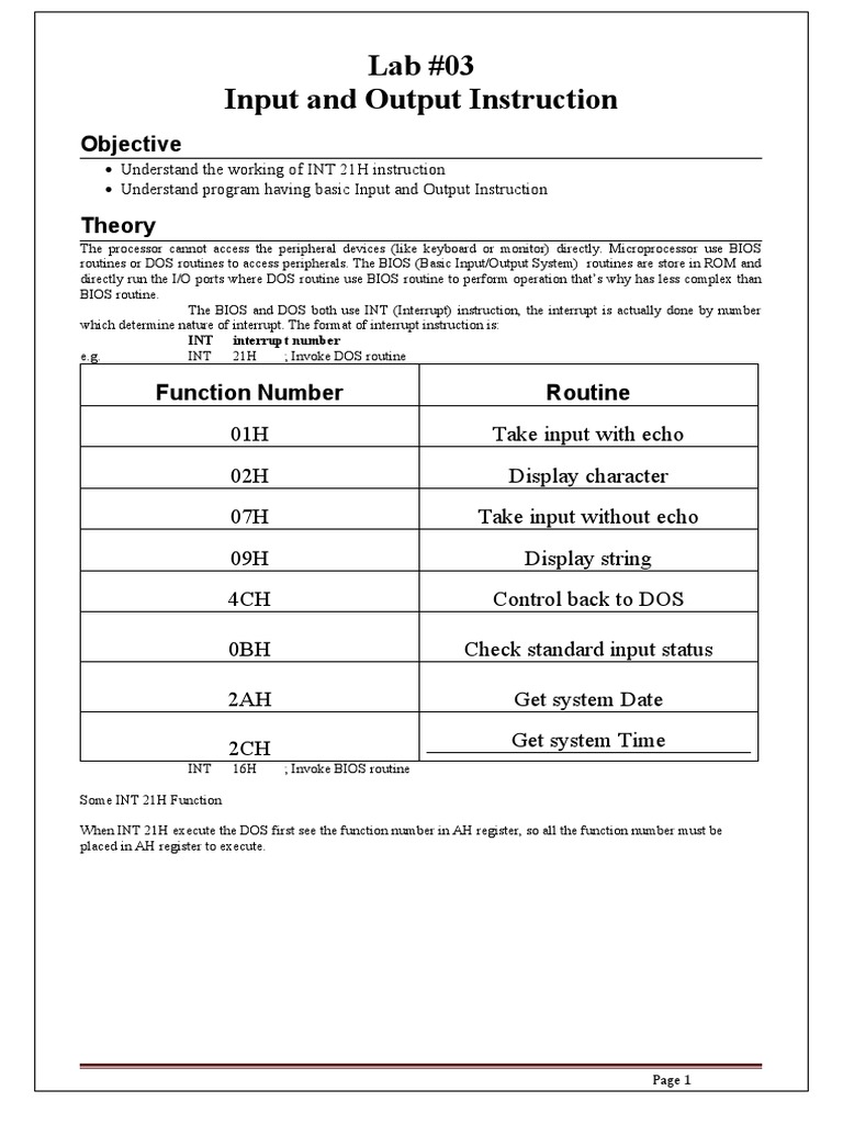 Lab #03 Input and Output Instruction: Objective | PDF | Bios | Subroutine