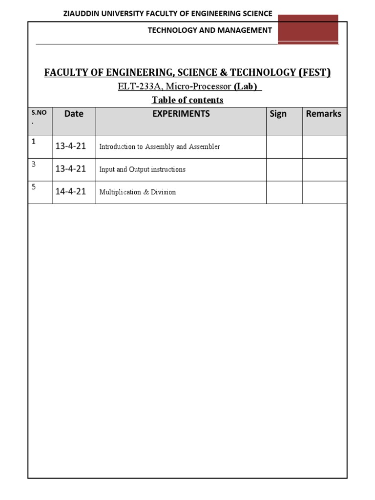 Faculty of Engineering, Science & Technology (Fest) : ELT-233A, Micro-Processor (Lab) | PDF ...