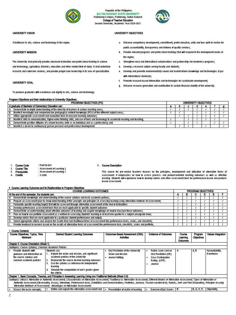 Syllabus in Assessment in Learning BEEd Draft | PDF | Educational ...