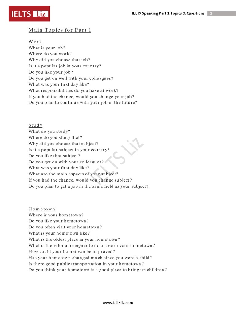 IELTS Speaking Part 1 Topics Questions | PDF