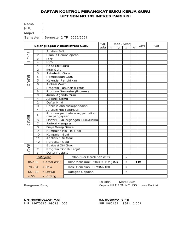 Daftar Kontrol Buku Kerja Guru | PDF