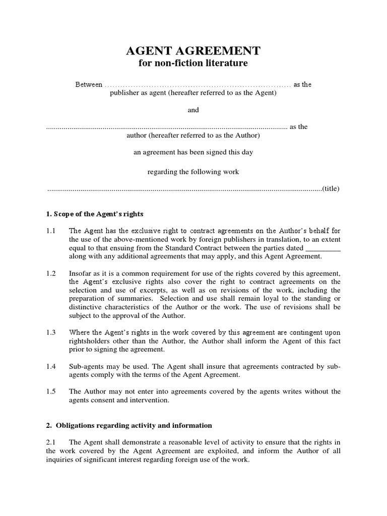 Agent Agreement: For Non-Fiction Literature | PDF | Payments | Fee