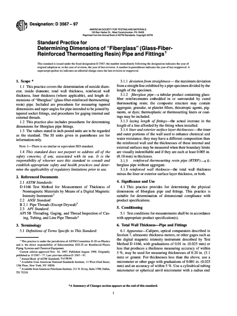 Astm-D3567 - 97 | PDF | Fiberglass | Pipe (Fluid Conveyance)