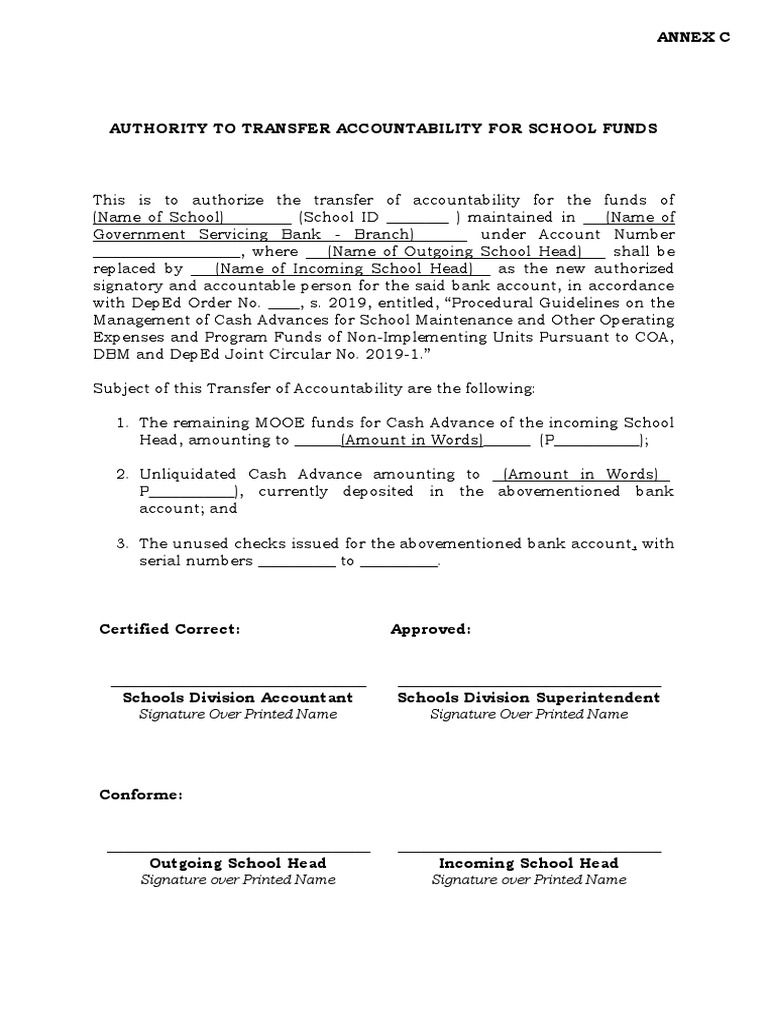 Annex C Transfer of Accountability For School Funds | PDF