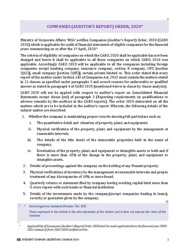MCA notifies Companies (Auditor's Report) Order 2020 | PDF | Auditor's ...