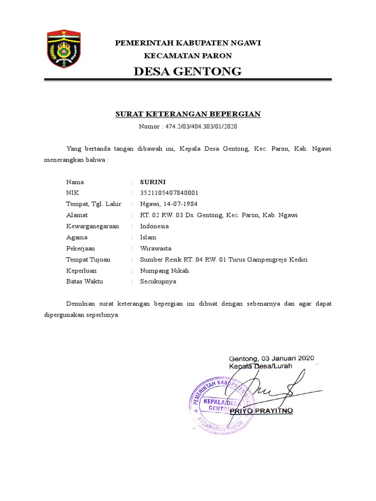 SURAT BEPERGIAN PERNYATAAN PERJAKA KETERANGAN WALI DESA GENTONG ...