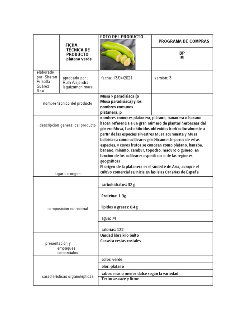 Ficha Técnica Plátano Verde | PDF | Plátano | Alimentos