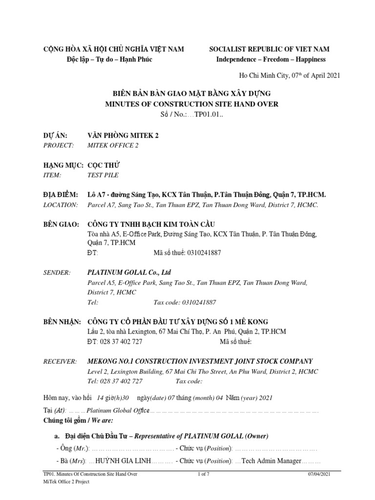 TP01. Minutes of Construction Site Hand Over | PDF