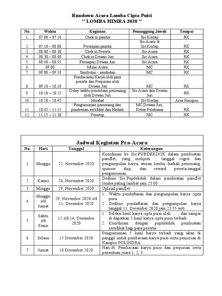 Rundown Acara Lomba Cipta Puisi | PDF