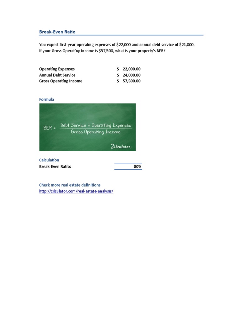 Break-Even Ratio Example by Zilculator | PDF