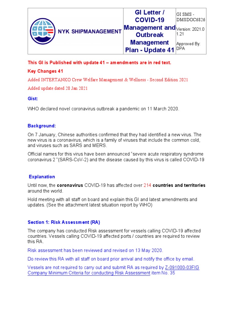 COVID-19 Management and Outbreak Management Plan - Update 41 ...