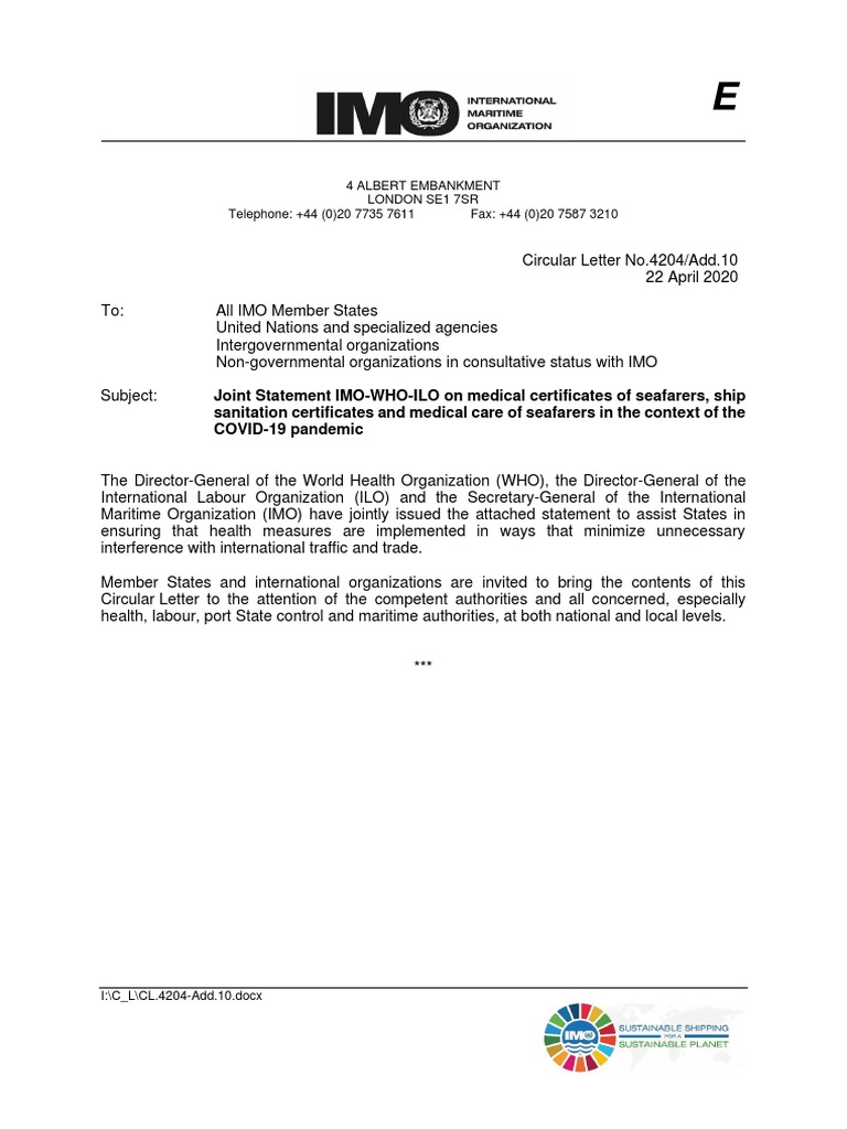 IMO Circular Letter No.4204-Add.10 - Joint Statement IMO-WHO | PDF | Business | Finance & Money ...