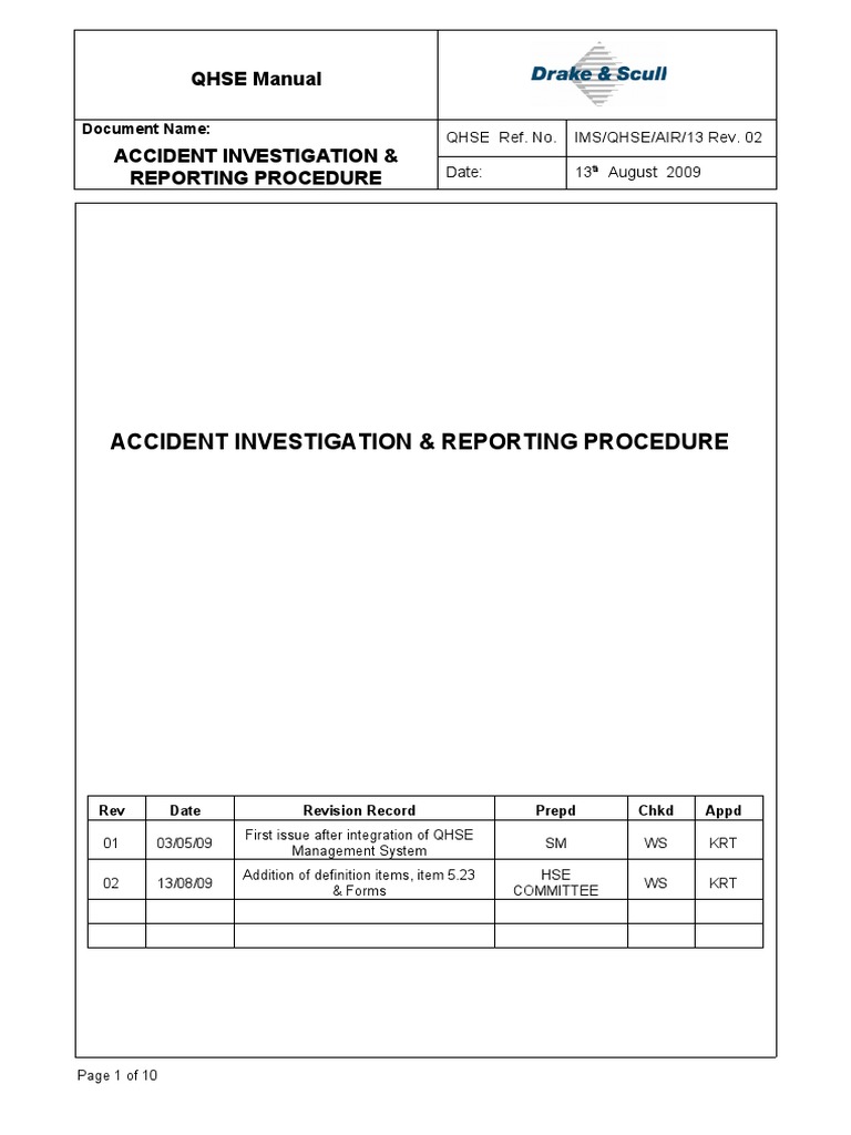 Accident Investigation & Reporting Procedure: QHSE Manual | PDF ...