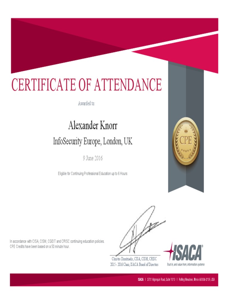 ISACA CPE Certificate | PDF | Vocational Education | Information Age