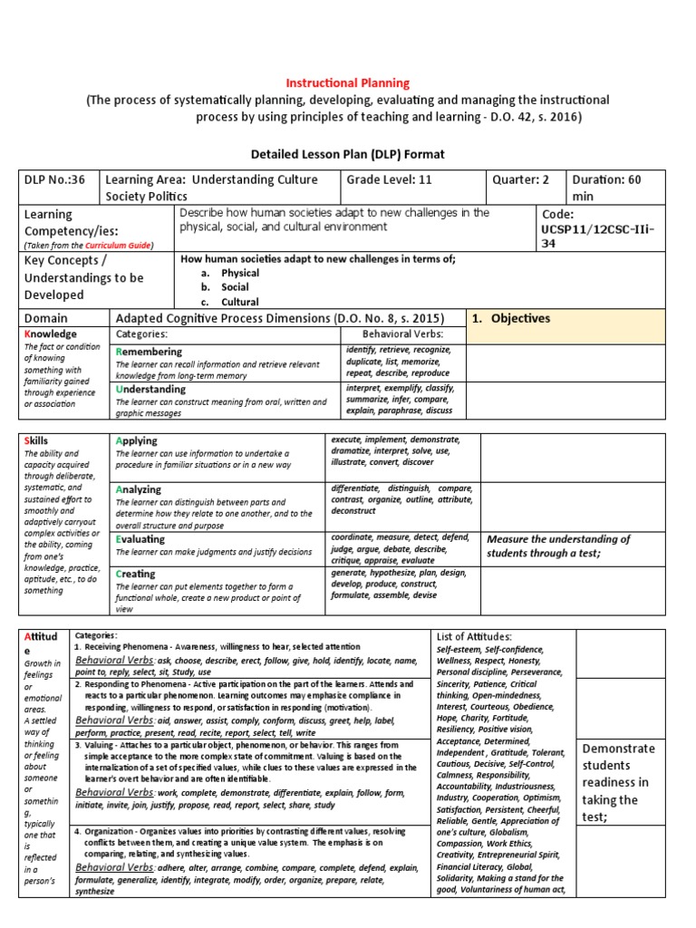 Detailed Lesson Plan (DLP) Format: Instructional Planning | PDF | Value ...