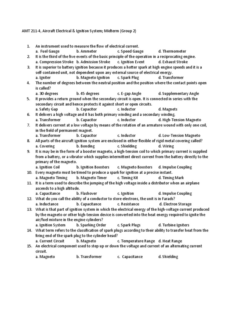 AMT 211-4, Ignition - Group 2, Questionnaires | PDF | Ignition System | Power (Physics)