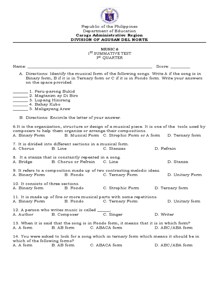 Music 6 1st Summative Test Q3 | PDF | Musical Forms | Classical Music