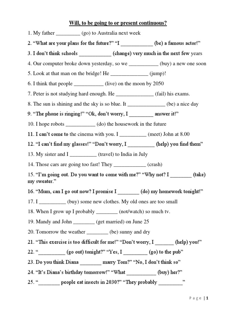 Will, To Be Going To or Present Continuous? | PDF | Games & Activities ...