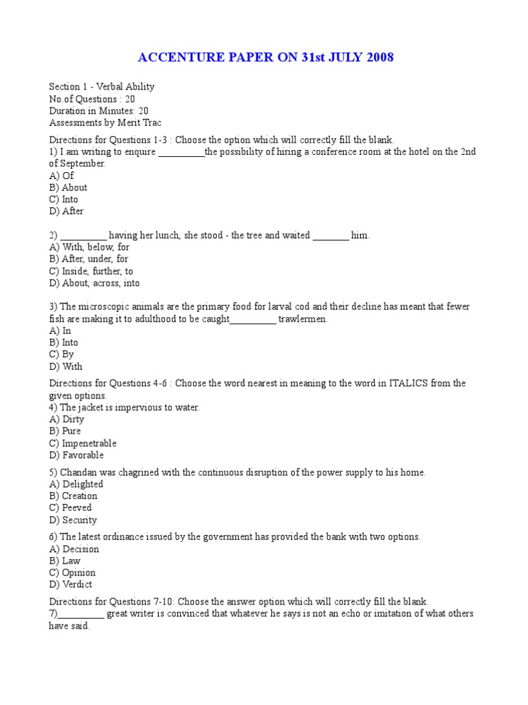 (WWW - Entrance-Exam - Net) - Accenture Placement Sample Paper 1 ...