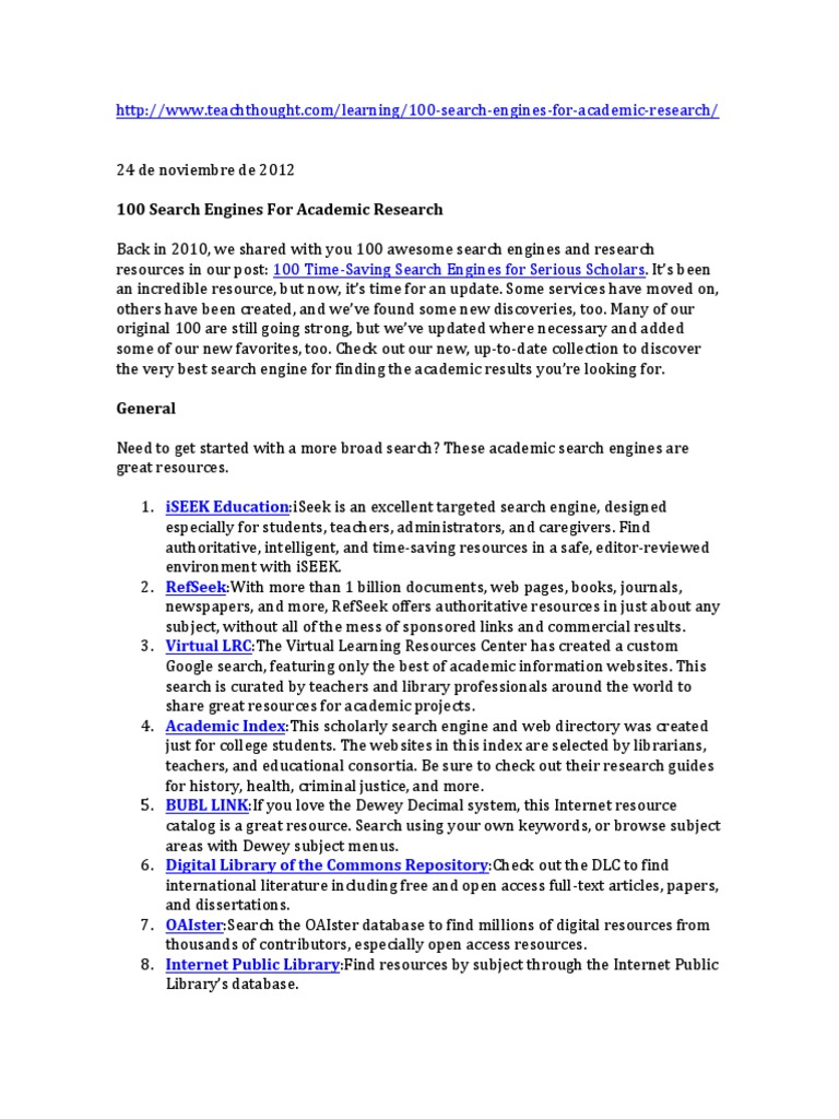 100 Academic Search Engines Updated | PDF | Libraries | Web Search Engine
