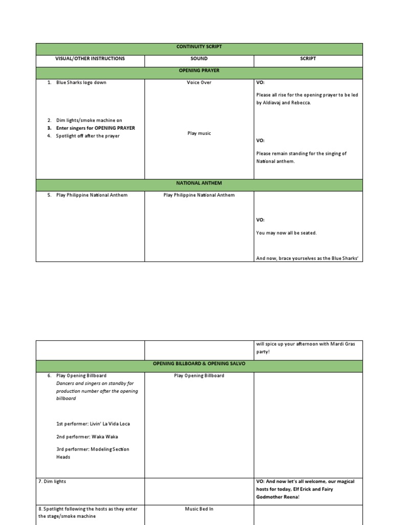 Continuity Script Visual/Other Instructions Sound Script Opening Prayer ...